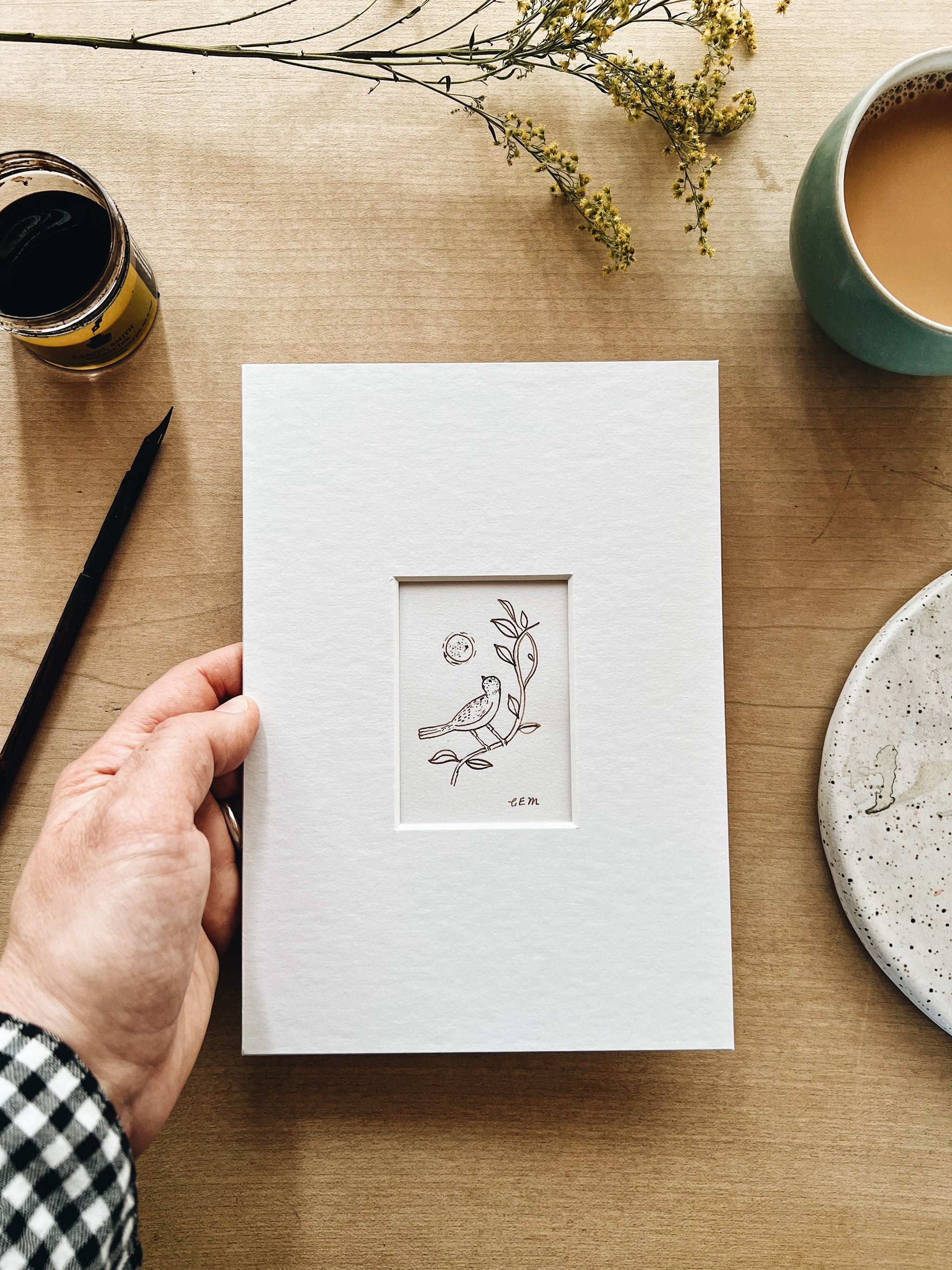 Nightingale and Moon - original ink drawing